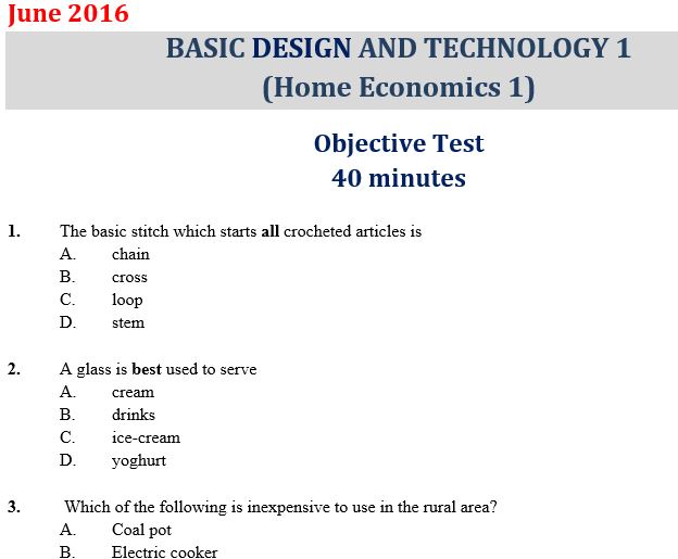 BDT BECE Home Economics 2016 Questions Answers
